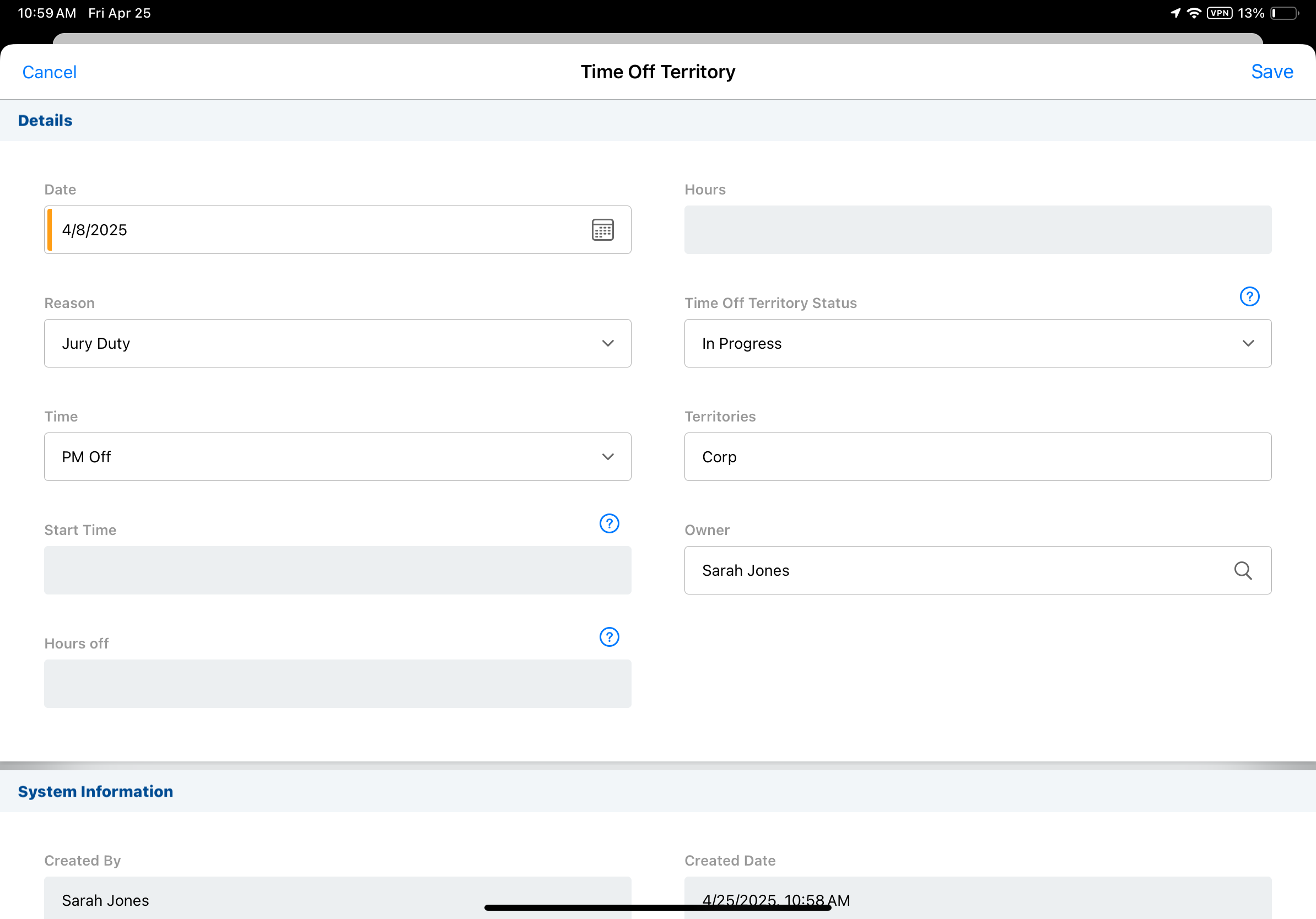 Using Time Off Territory in My Schedule